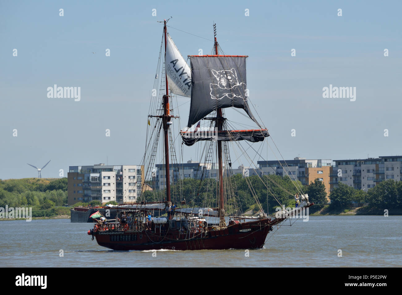 Sail Training Ship Atyla arriving on the River Thames at the start of a ...