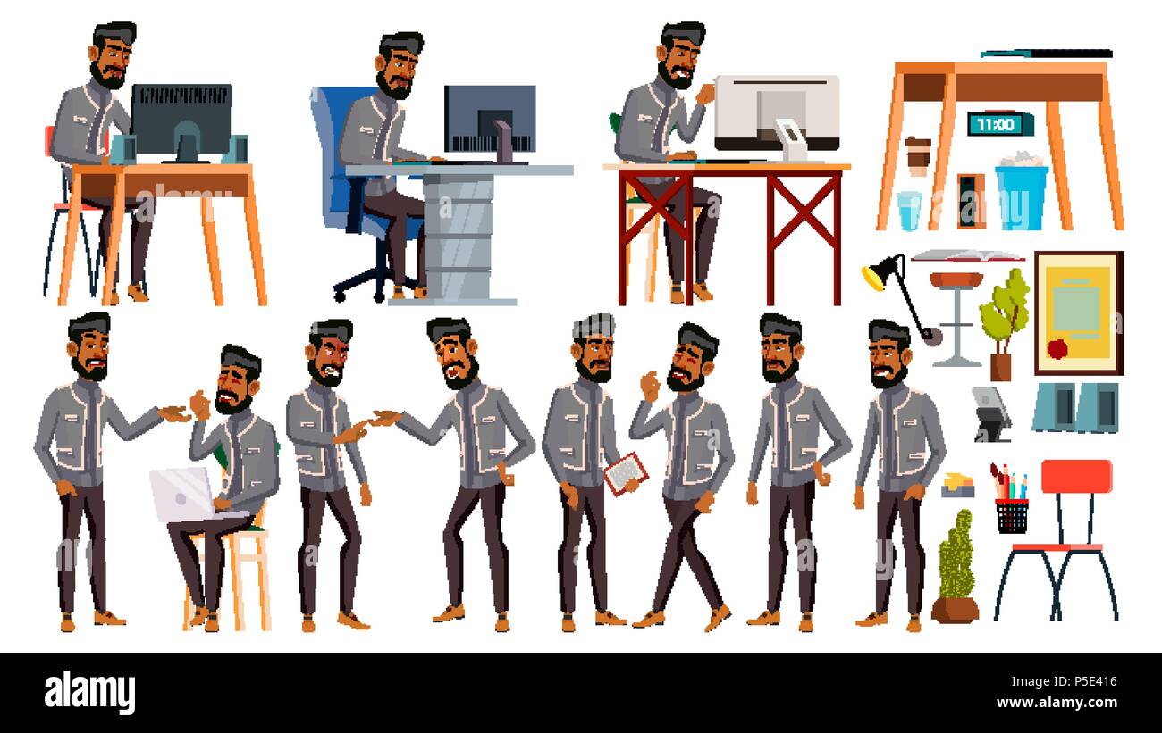 Arab Man Office Worker Vector. Business Set. Face Emotions, Various ...