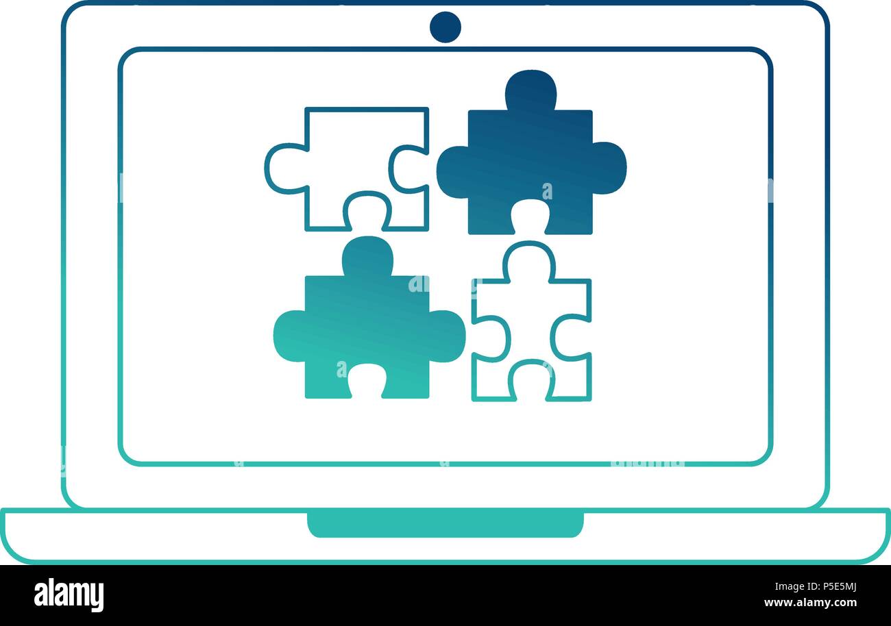 laptop and puzzle pieces solution work vector illustration neon design ...
