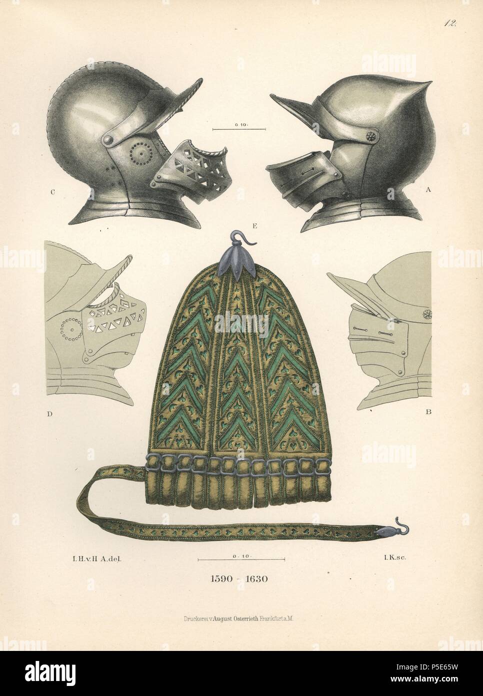 Helmets with vizors and sword-clasp in brown leather with green silk ...