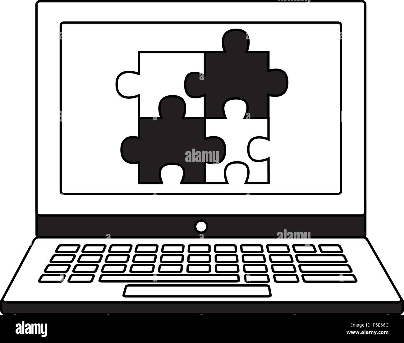 laptop with jigsaw puzzle pieces vector illustration black and white ...
