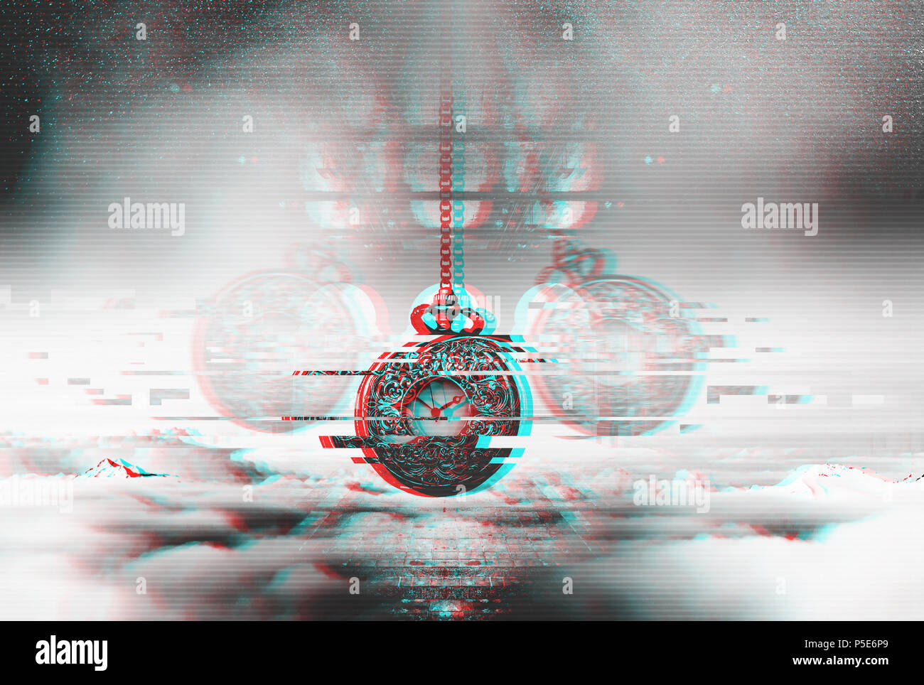 Time glitch concept. Hypnotising watch on a chain swinging above clouds ...