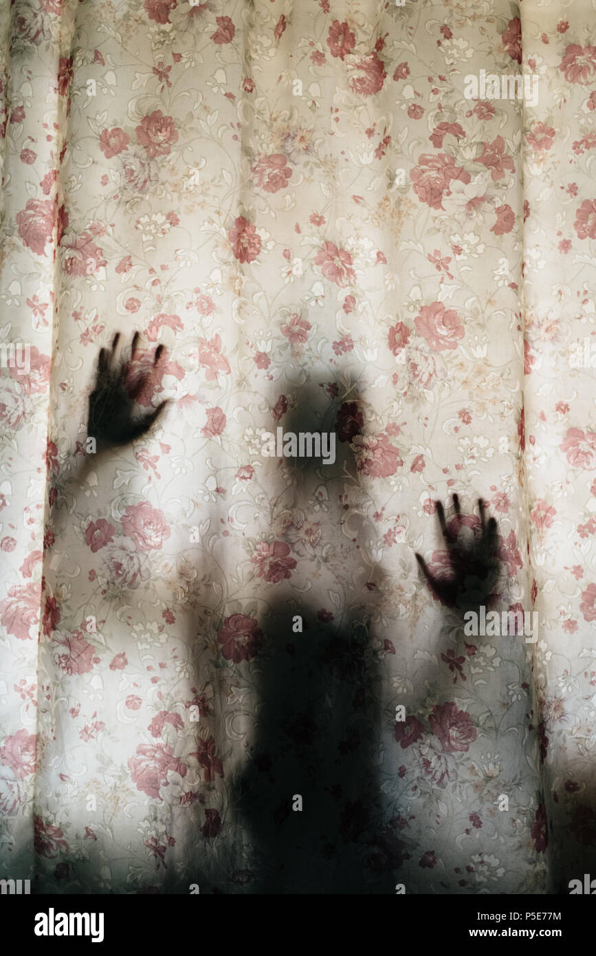 vertical image of mysterious human shadow behind a curtain. fear ...