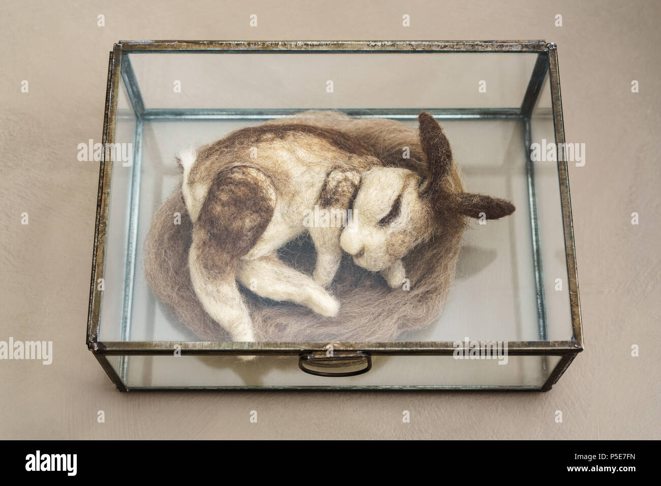 Needle felted wild rabbit sleeping in a showcase glass box on a nest ...
