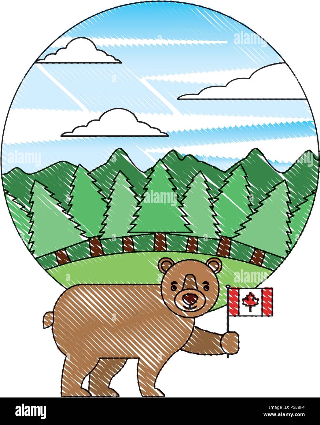 wild bear grizzly with flag canadian and landscape vector illustration ...