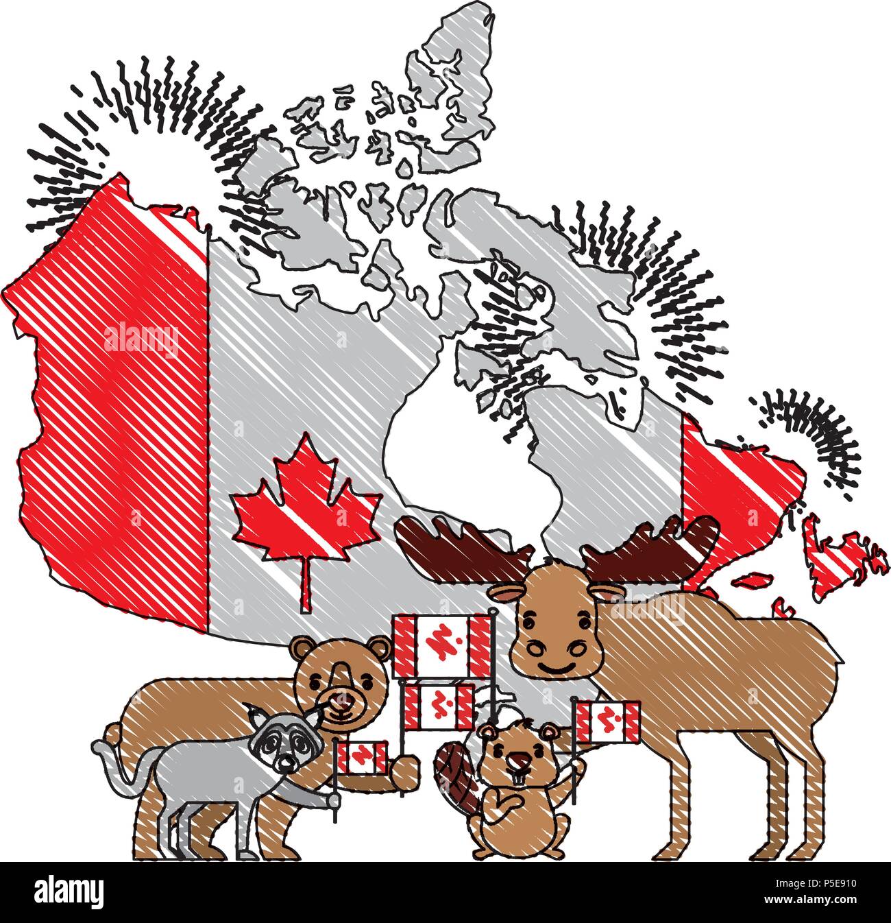 canadian map with flag and animals vector illustration design Stock ...
