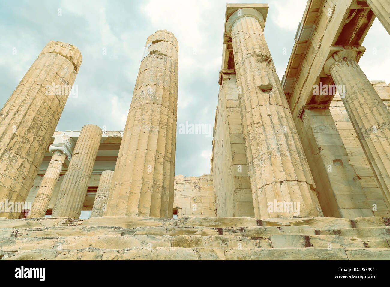 Temple of Athena columns at the Acropolis in Athens, Greece. Selective ...
