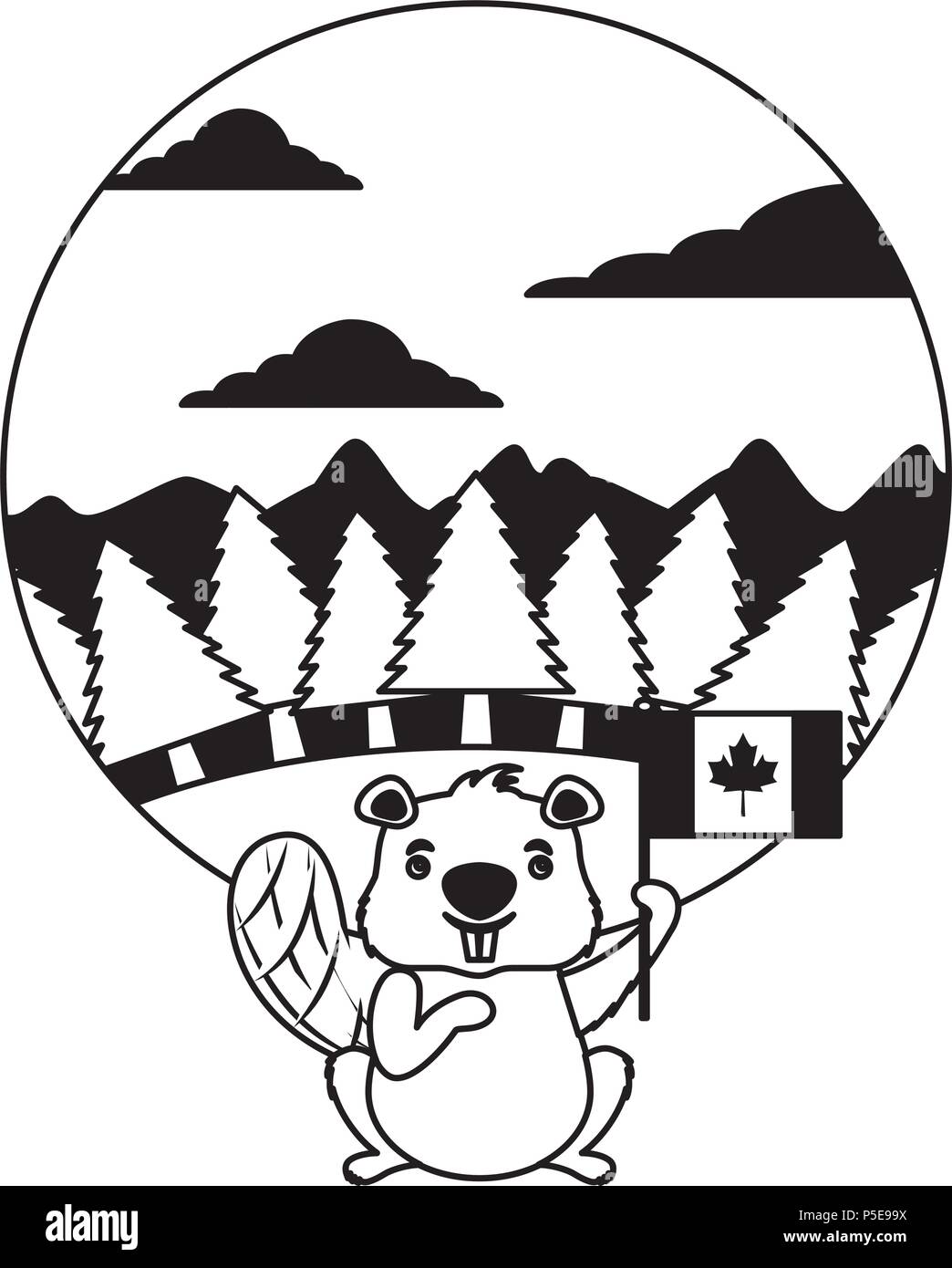 beaver of canada with flag and landscape vector illustration design ...