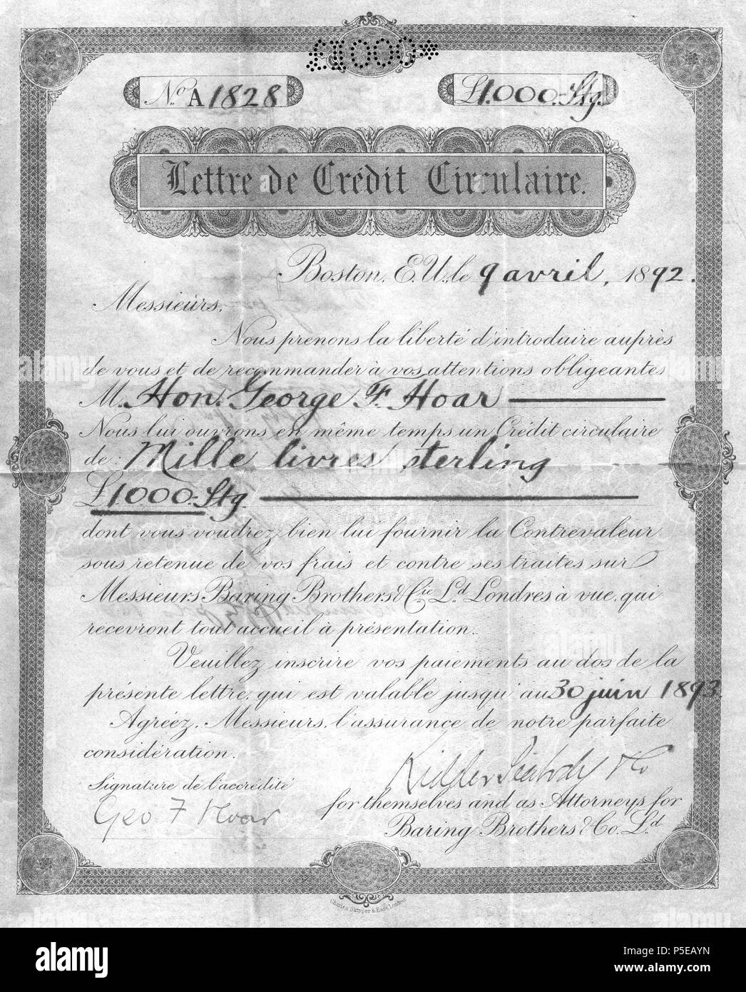 N/A. Circular letter of credit. 1892. Baring Brothers 170 Barings ...