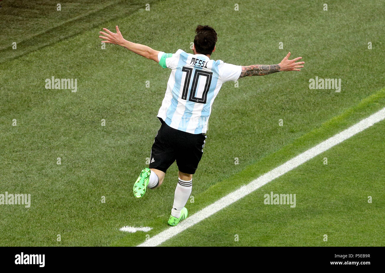 Argentinas Lionel Messi Celebrates Scoring His Sides First Goal Of