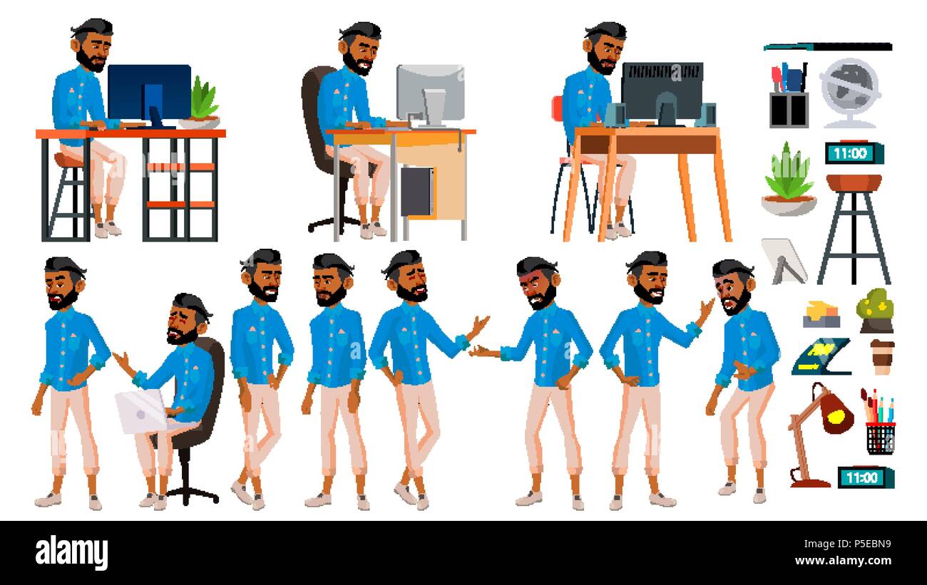 Arab Man Set Office Worker Vector. Emirates, Qatar, Uae. Muslim ...