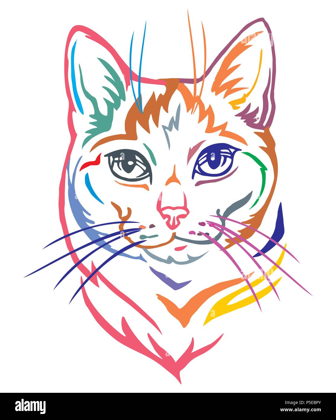 Colorful decorative portrait in profile of Mongrel Cat, contour vector ...