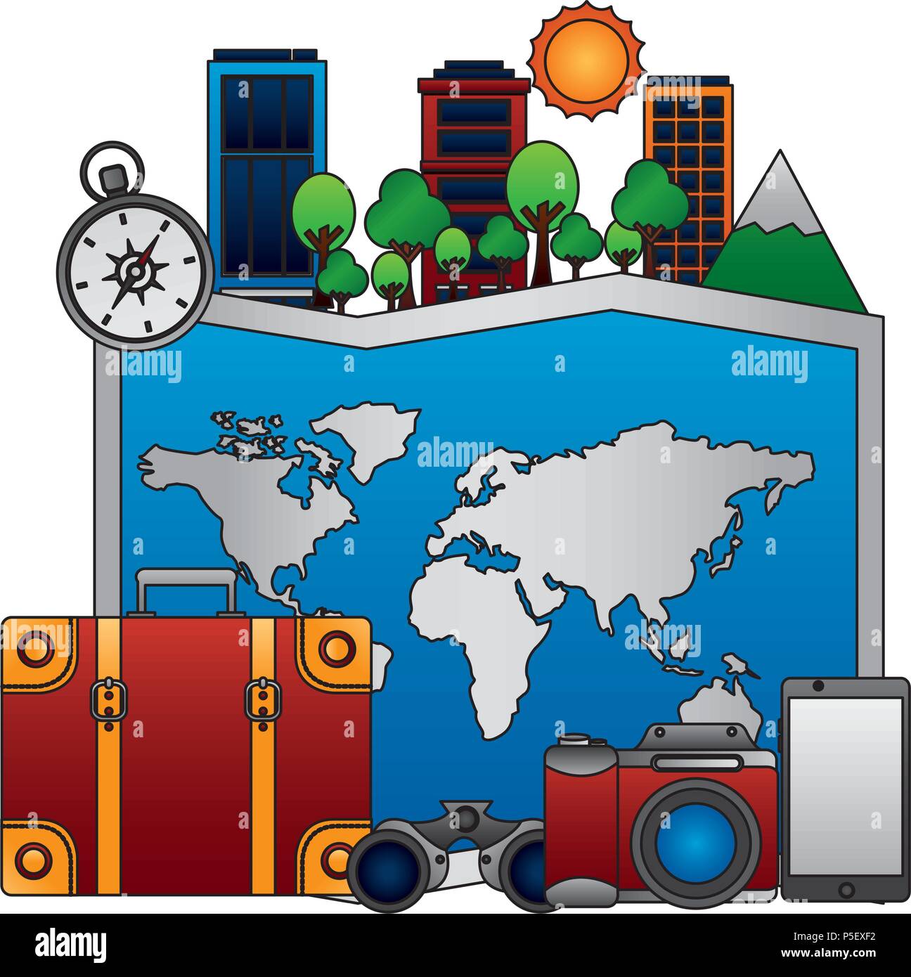 world paper map with cityscape and travel icons vector illustration ...