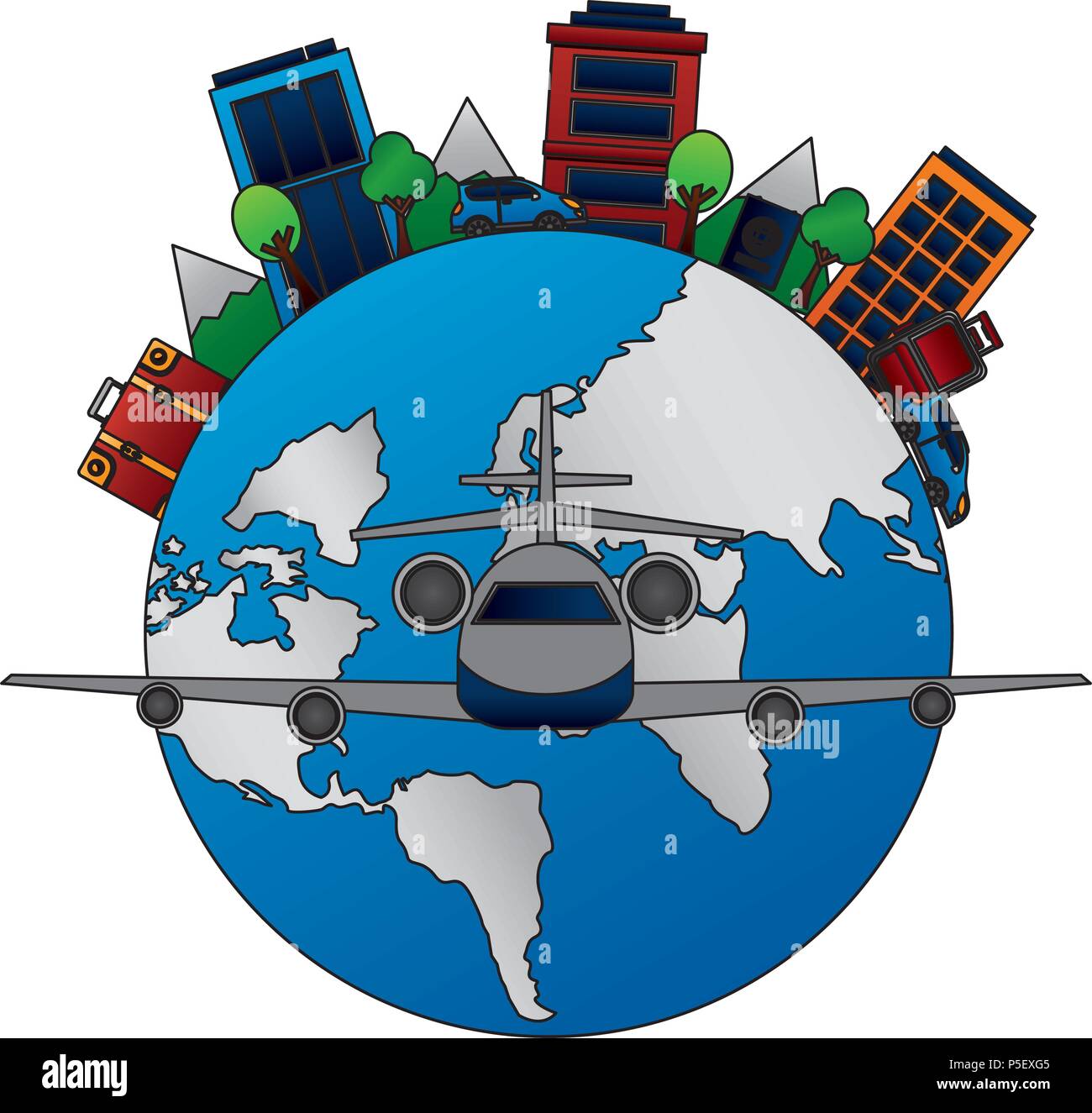 airplane flying with world planet earth and cityscape vector ...