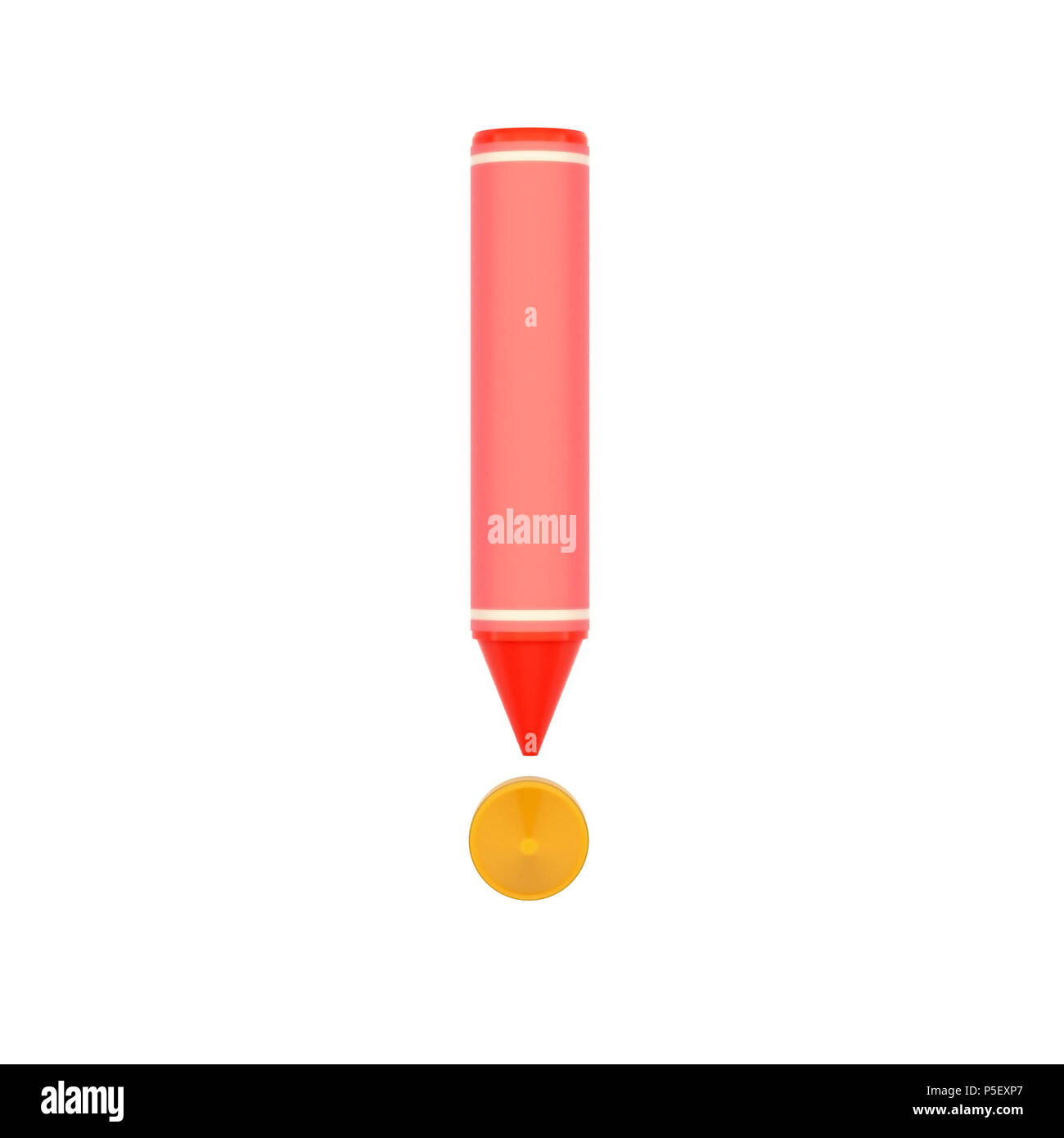 Colored wax crayons assembled as letter of exclamation mark on white ...