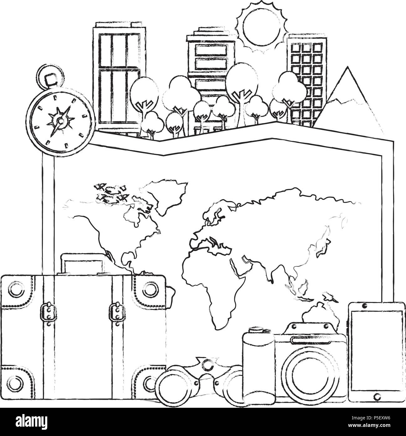 world paper map with cityscape and travel icons vector illustration ...
