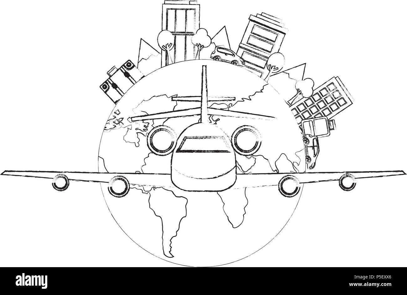 airplane flying with world planet earth and cityscape vector ...