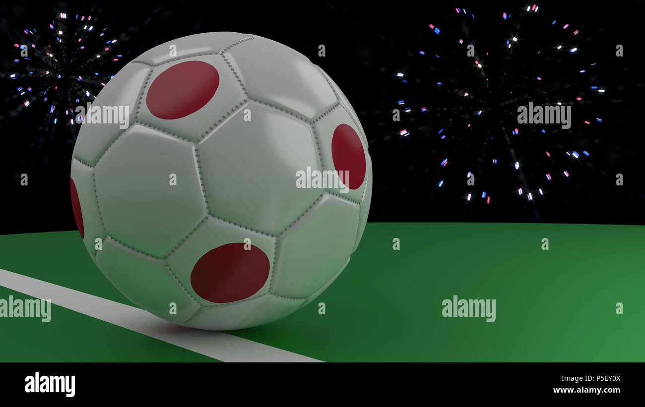 Soccer ball with the flag of Japan crosses the goal line under the ...