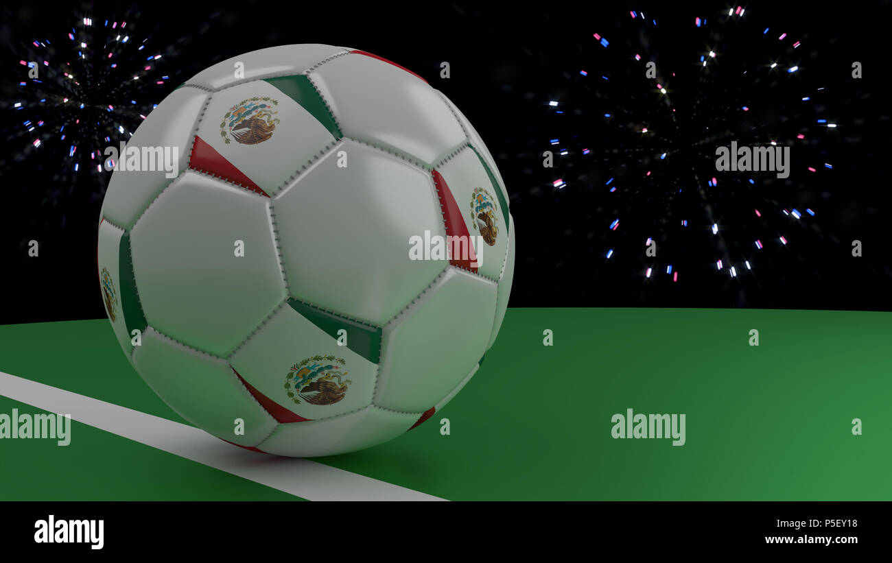 Soccer ball with the flag of Mexico crosses the goal line under the ...