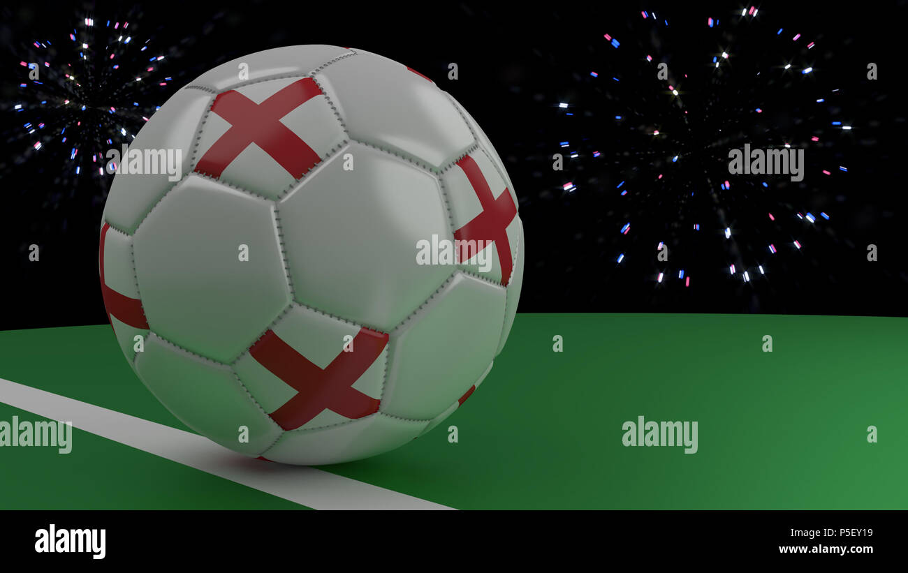 Soccer ball with the flag of England crosses the goal line under the ...