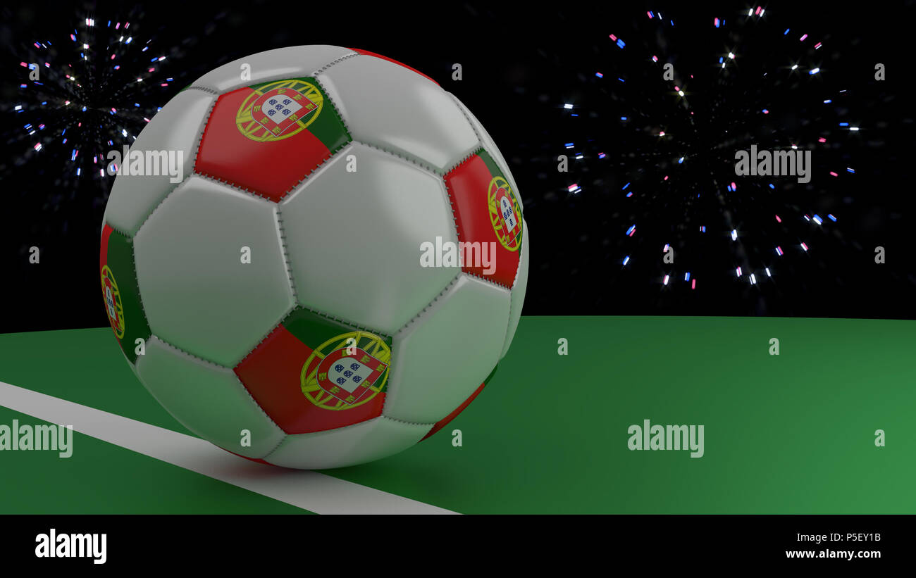 Soccer ball with the flag of Portugal crosses the goal line under the ...