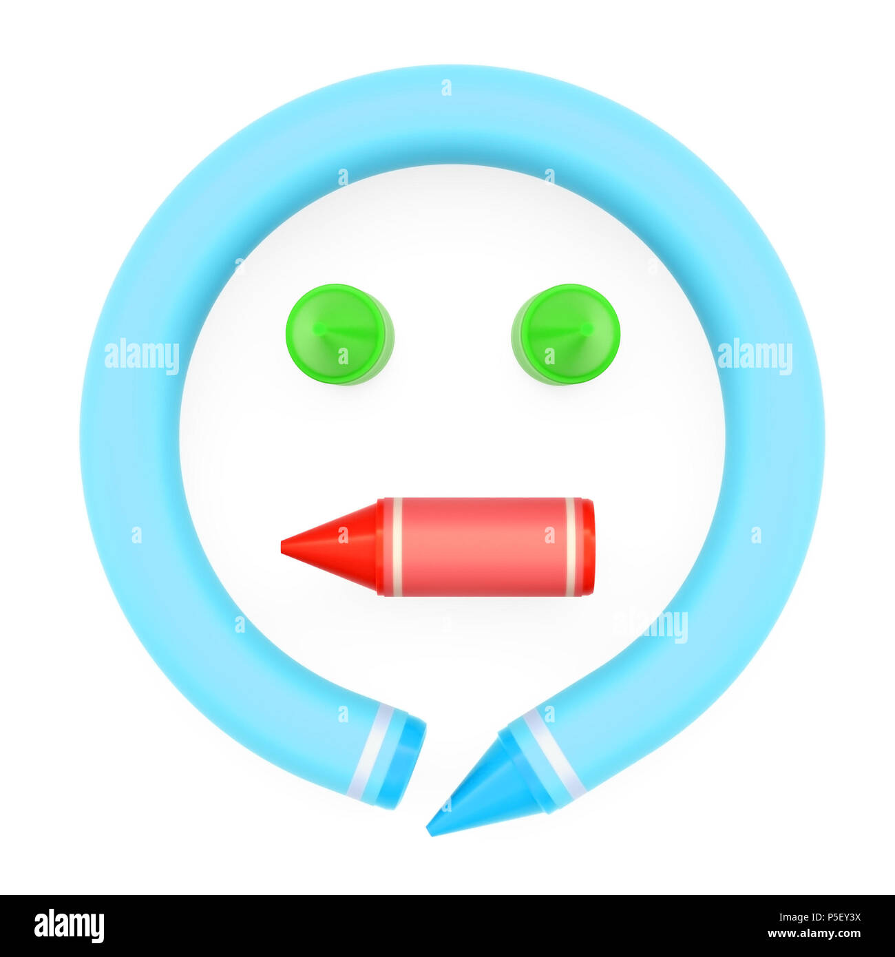 Colored wax crayons assembled like face, emoji, emoticon on white ...