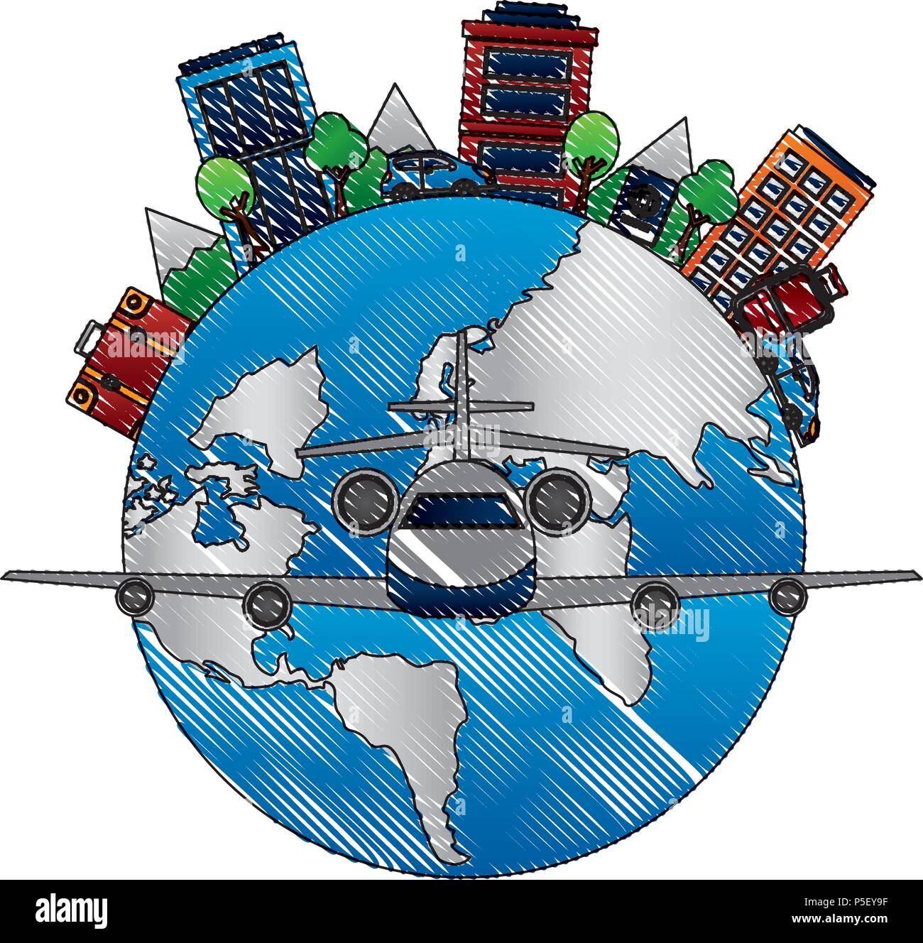 airplane flying with world planet earth and cityscape vector ...