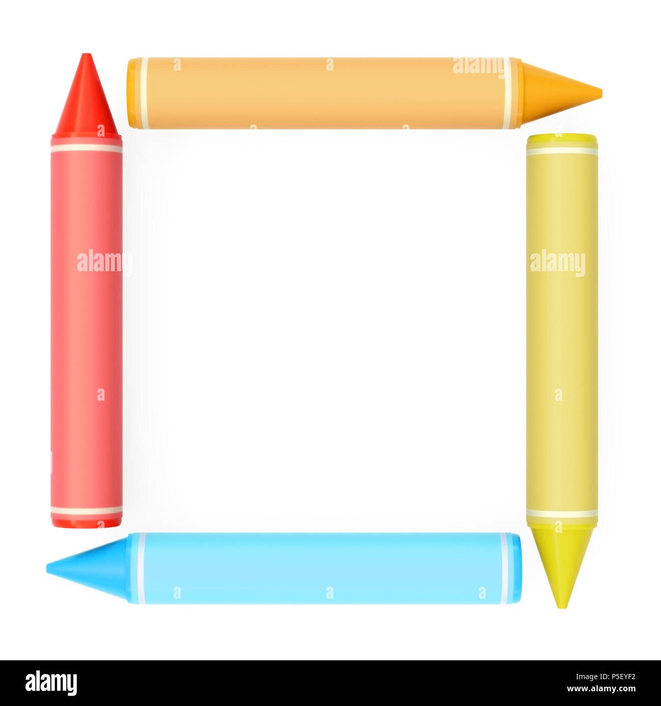 Colored wax crayons assembled like quadrate or square shape on white ...