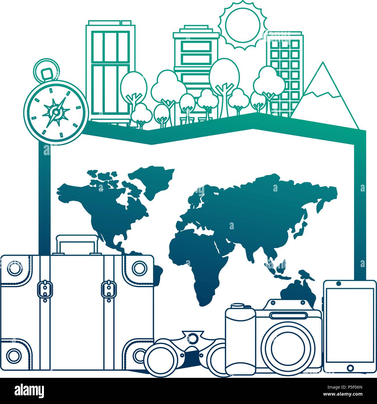 world paper map with cityscape and travel icons vector illustration ...