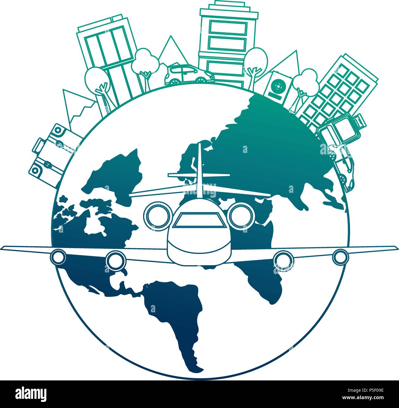 airplane flying with world planet earth and cityscape vector ...
