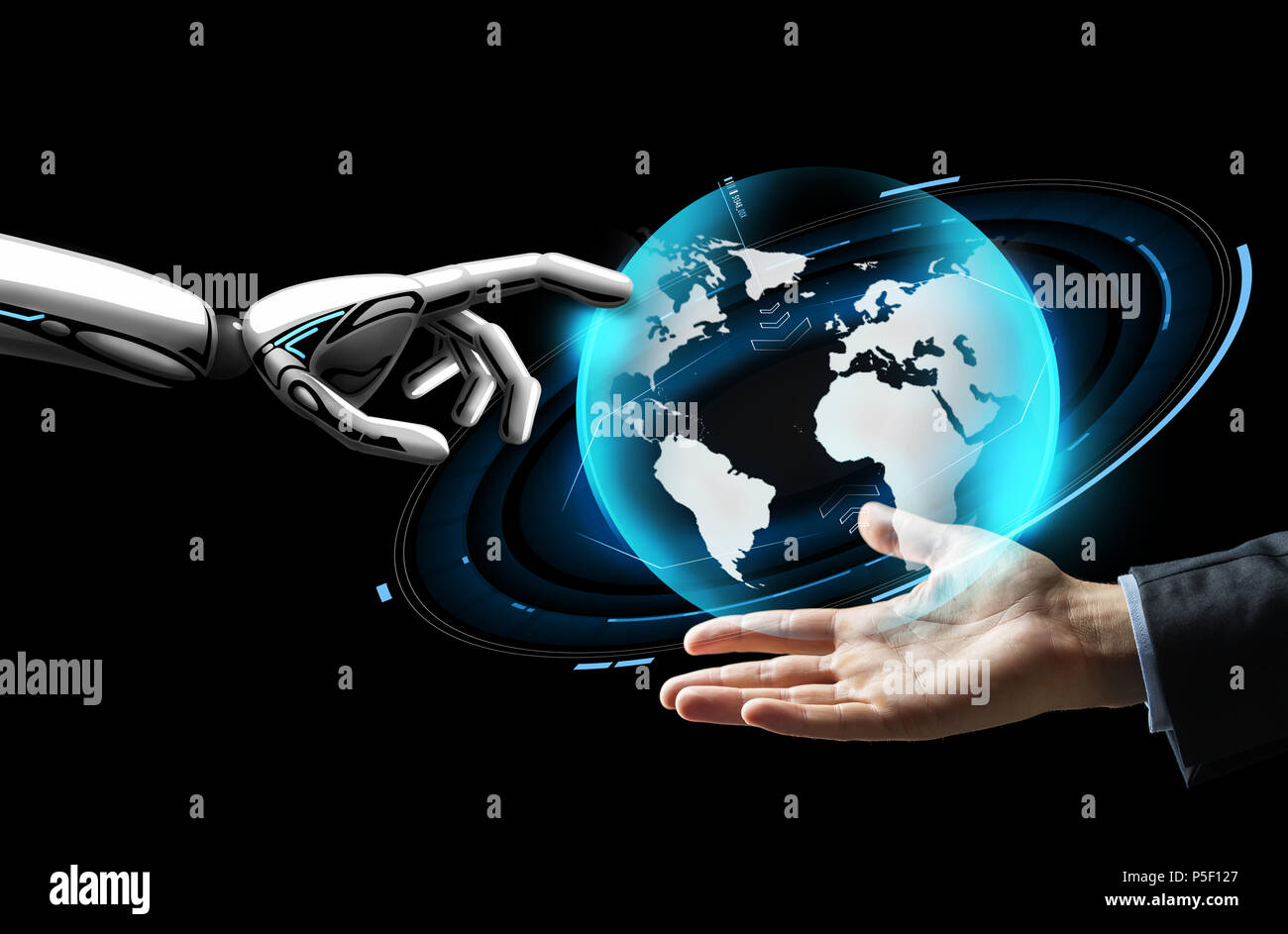 human and robot hand with virtual earth hologram Stock Photo - Alamy