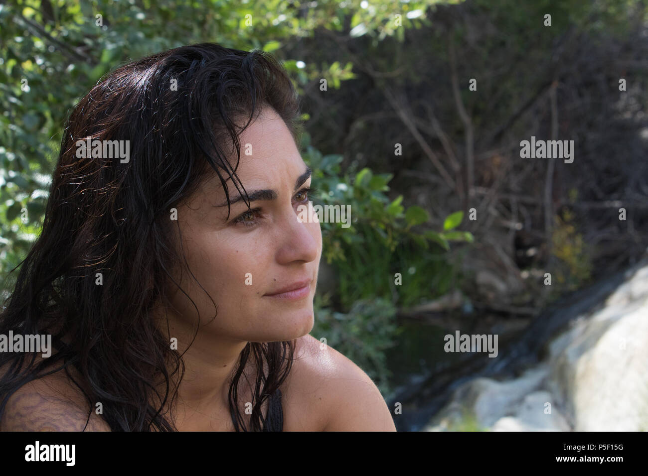 Semi profile female brunette hair hi-res stock photography and images ...