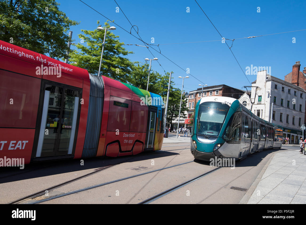 Trams crossing in the Market Square, Nottingham City Centre ...