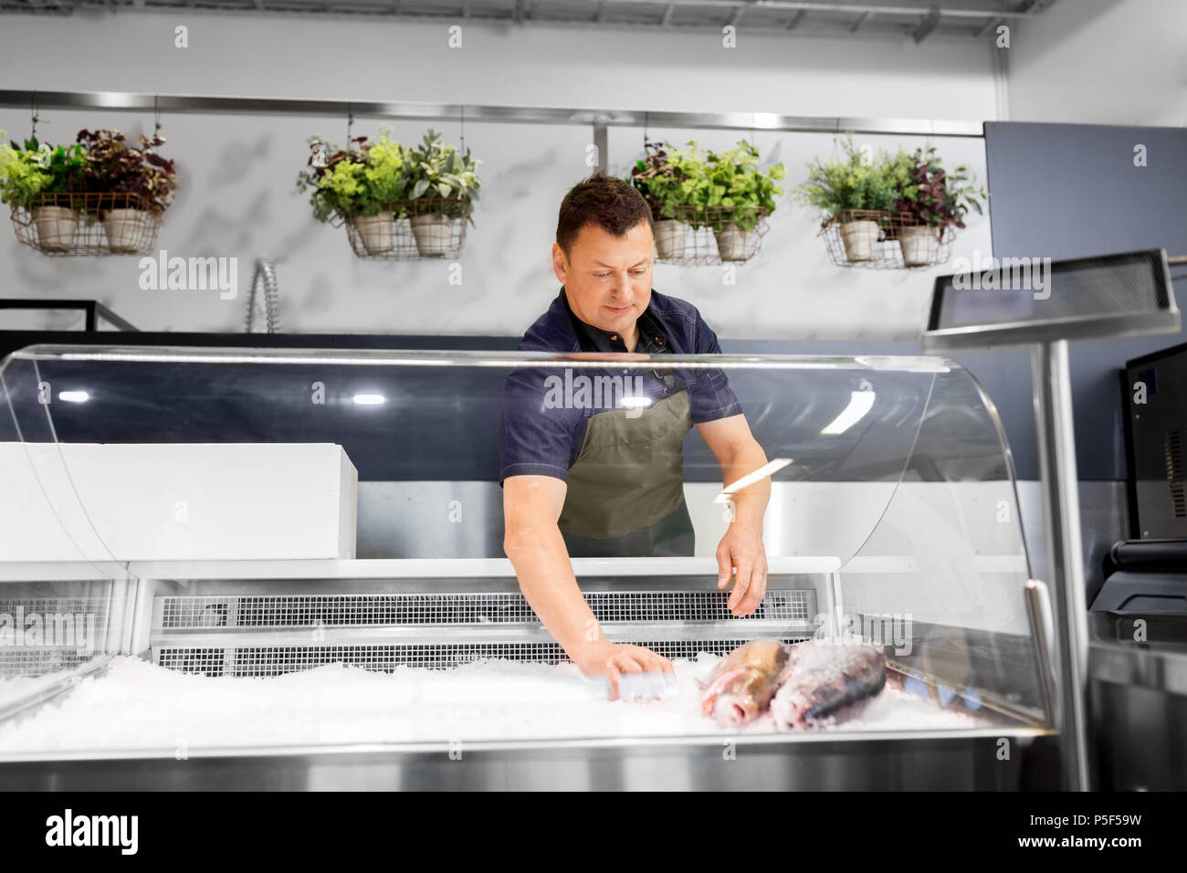 male seller with seafood at fish shop fridge Stock Photo - Alamy