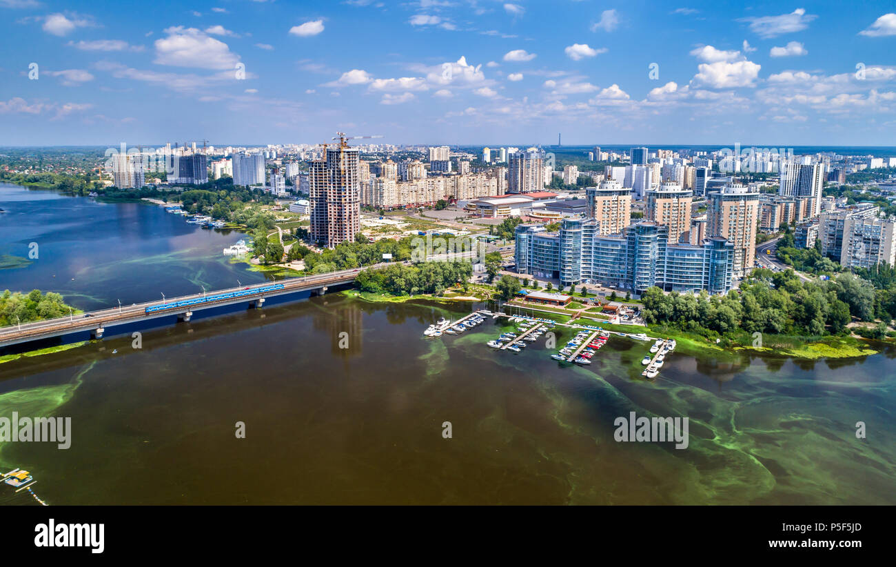 Aerial view of the Dnieper river with its left bank in Kiev, the ...