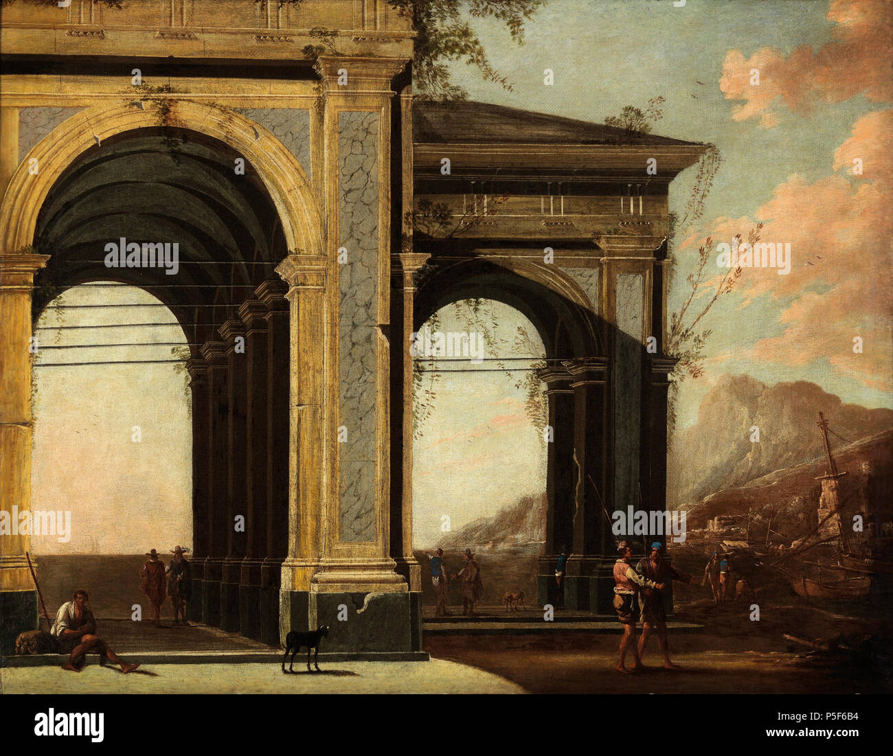 English: Portico with Loggia by the Sea, with Boats and Figures mid ...