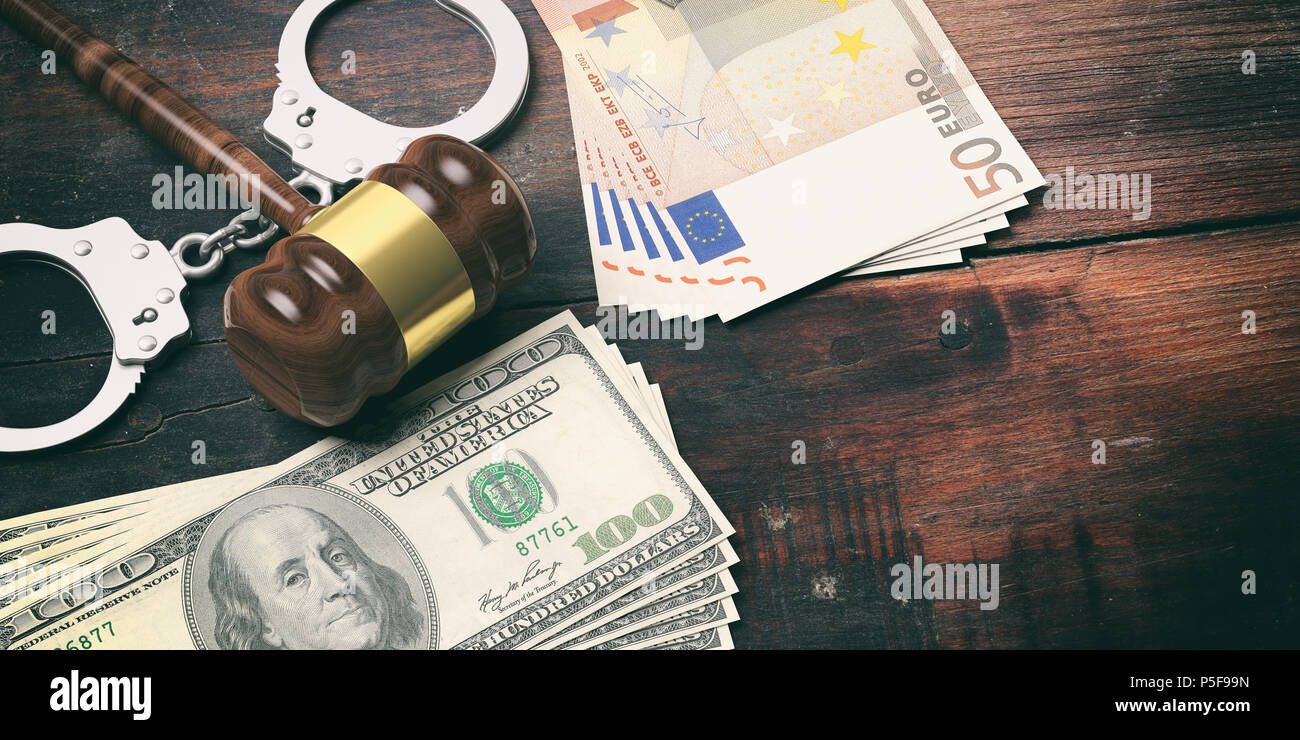Law and money concept. Metal handcuffs, dollar and euro banknotes and ...