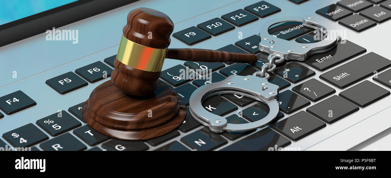 Cyber crime concept. Metal handcuffs and judge gavel on computer keyboard, 3d illustration Stock ...