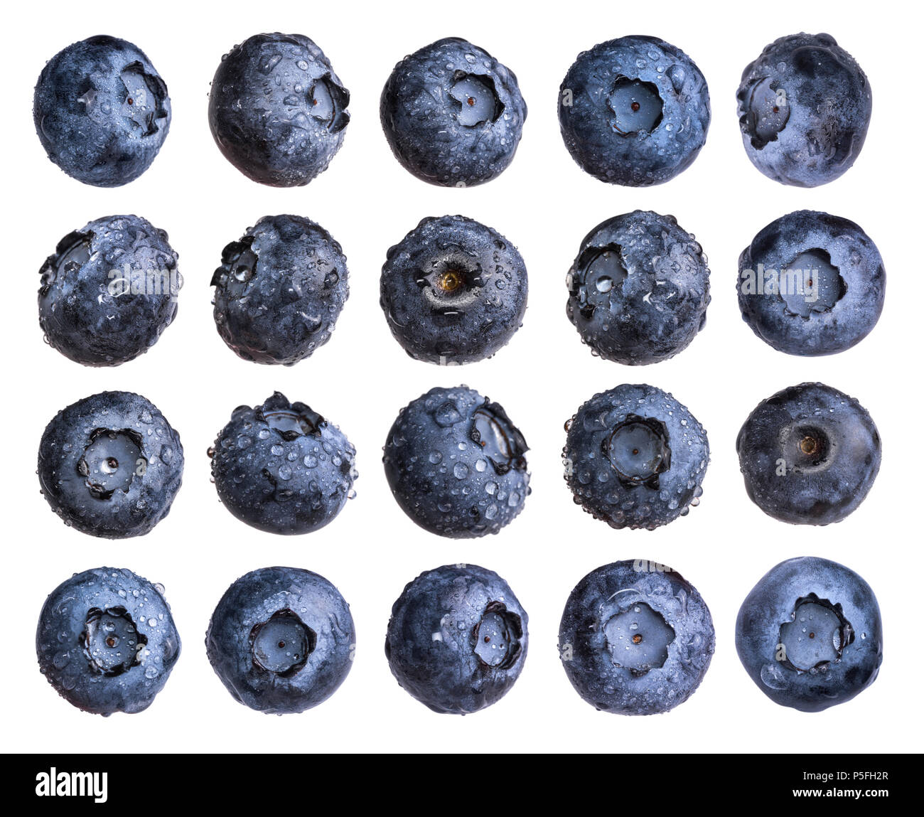 Big set of fresh blueberry with water drops isolated on white ...