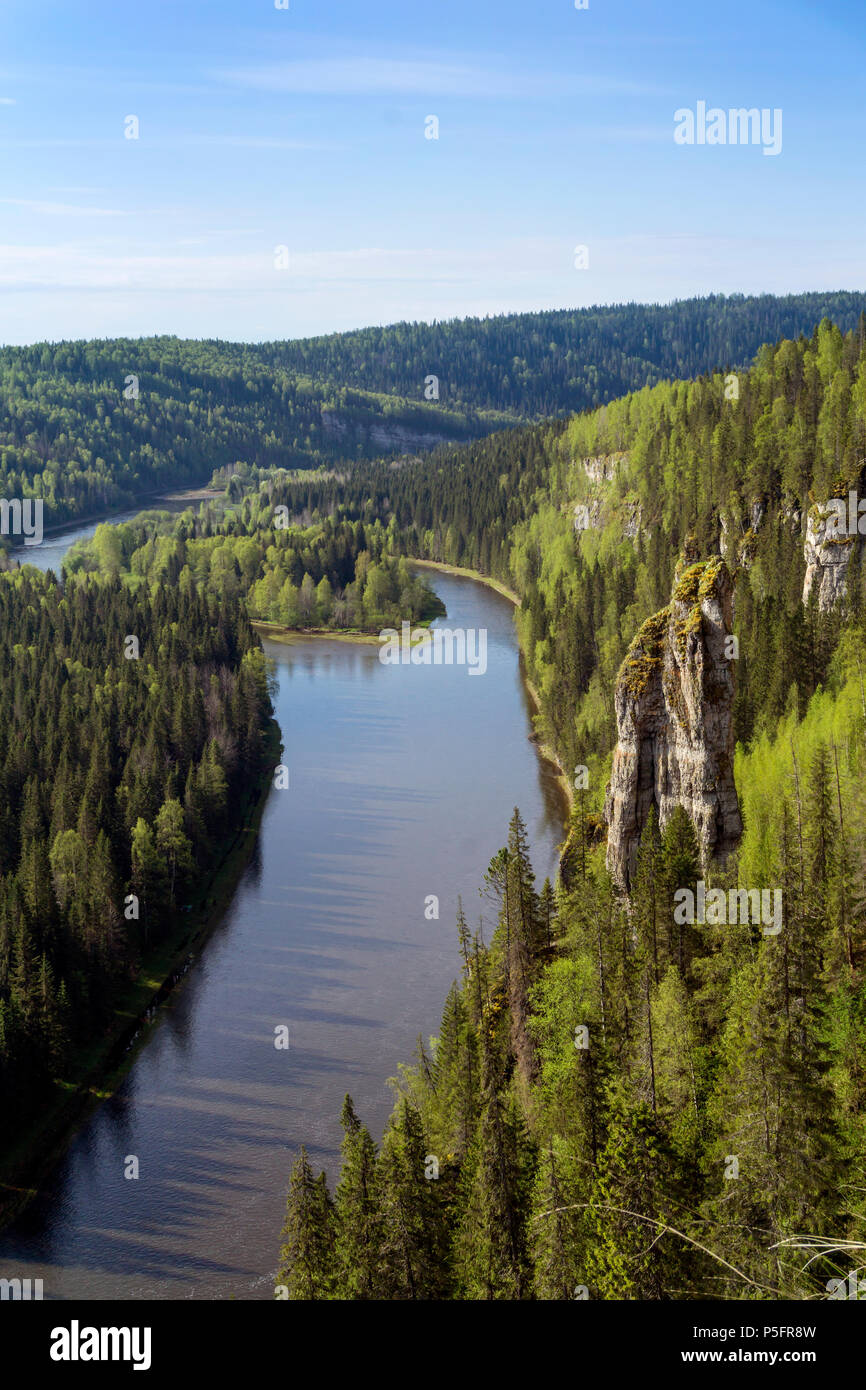 Landscape - wooded canyon of the northern river with rocks, a top view ...