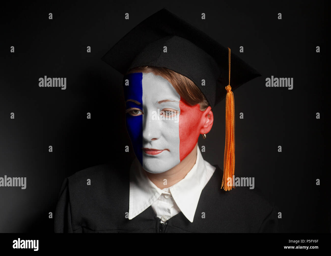 Portrait of Female french bachelor with painted France flag in Black ...