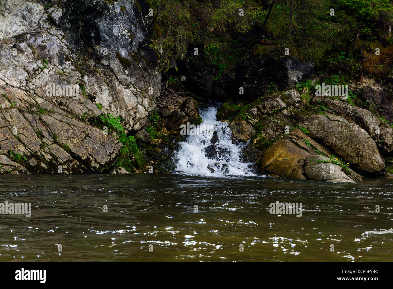 The spring follows a waterfall from the rock and flows into the river ...