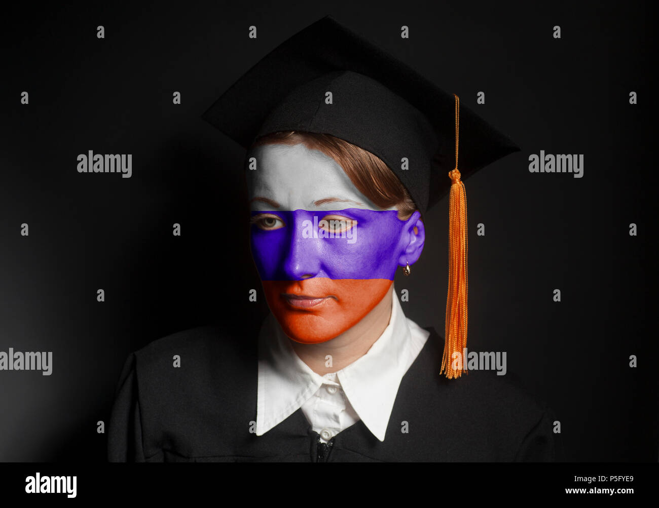 Portrait of Female Russian bachelor with painted Flag of the Russian ...