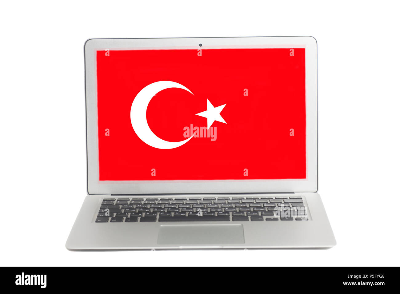 Laptop with Turkish flag on screen Isolated on white background Stock ...