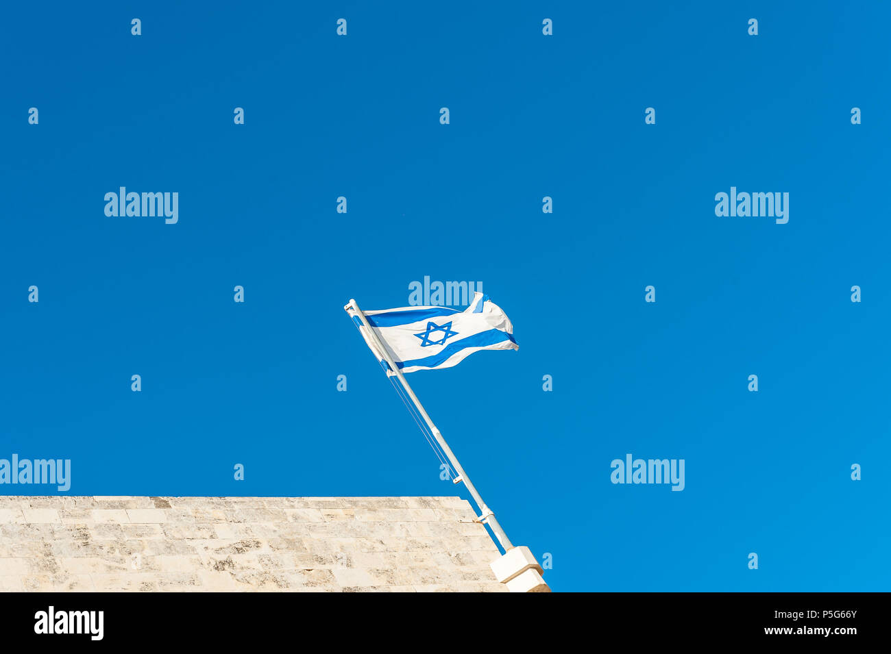 Israel, Jerusalem - 24 June 2018: Israeli flag on top of the Jerusalem ...