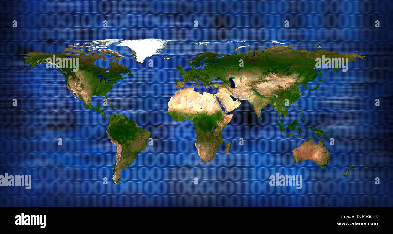 an image of flat world map on binary code background Stock Photo - Alamy