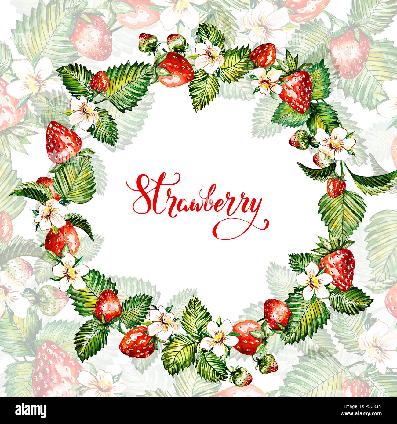 Watercolor floral background with strawberries. Summer card. Frame with ...