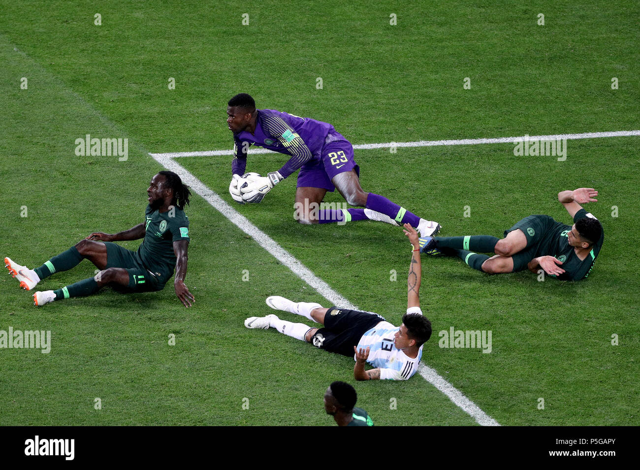 Nigeria goalkeeper Francis Uzoho (top) gathers the ball during the FIFA ...