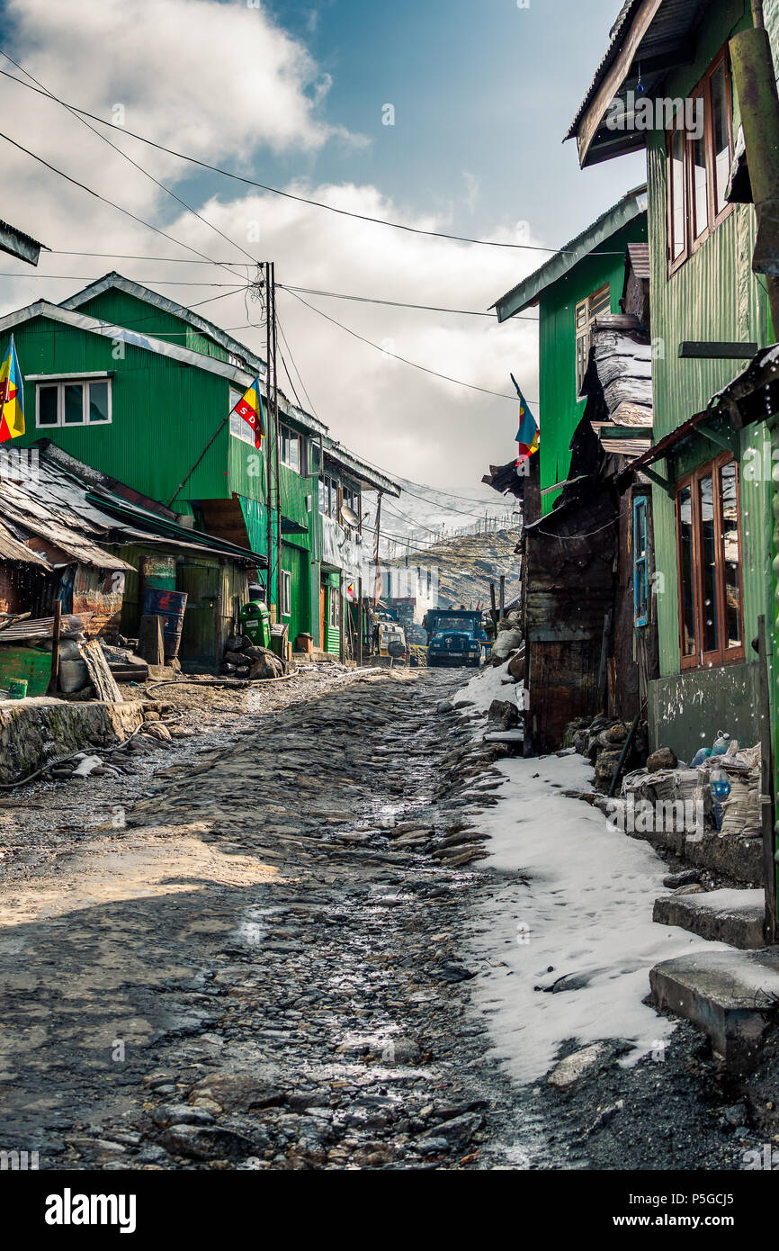 April 24,2018. Nathang valley,India. Alleyway of Indian hillside remote ...