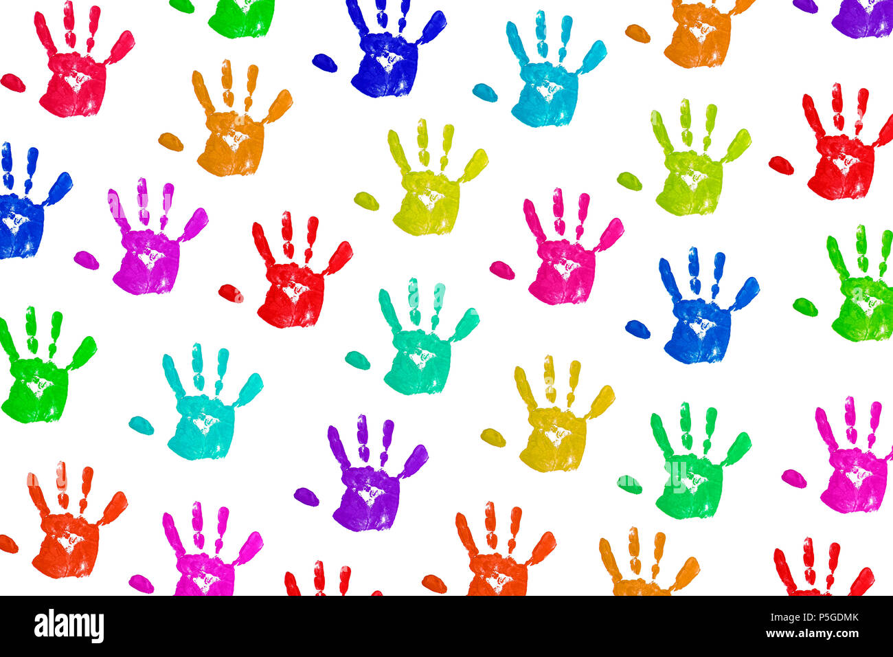 close up colorful child handprints on white Stock Photo - Alamy